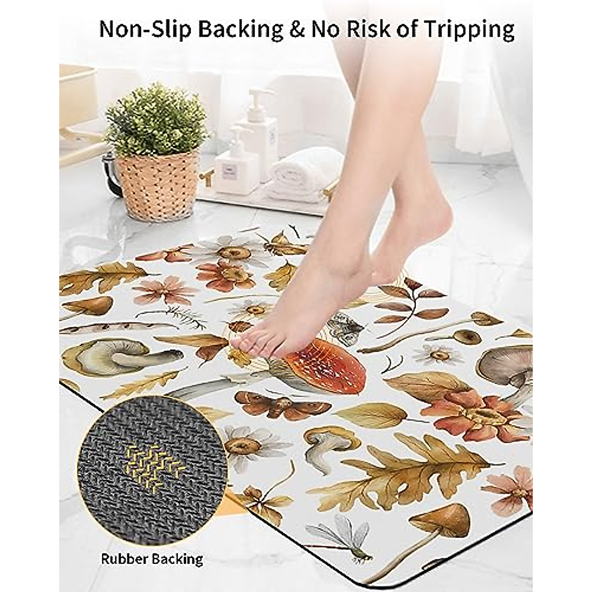 Gogobebe Super Absorbent Diatom Mud Mat Fall Thanksgiving Mushroom Retro Rustic Floral Botanical Leaves Quick-Drying Thin Bath Mat Non-Slip Bathtub Mat Anti-Skid Rubber Bathroom Shower Mat 16x24in
