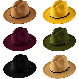 Hercicy 6 Pcs Felt Hats for Women Fall Panama Hat Wide Brim Hat with Belt Buckle Squash Hats Vintage Decoration Dress Hat(Elegant Colors,Retro Style)