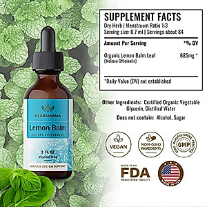 HERBAMAMA Lemon Balm Tincture - Organic Lemon Balm Herb Drops - Melissa Officinalis Liquid Extract - Vegan, Alcohol-Free - 2 fl oz
