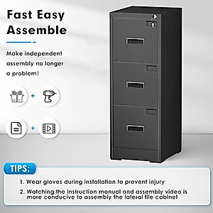 Greenvelly 18" D File Cabinet, 3 Drawer Vertical File Cabinet with Lock, Locking Filing Cabinet for Home Office, Black Metal File Cabinet for Hanging Letter/Legal Folders, Easy Assemble