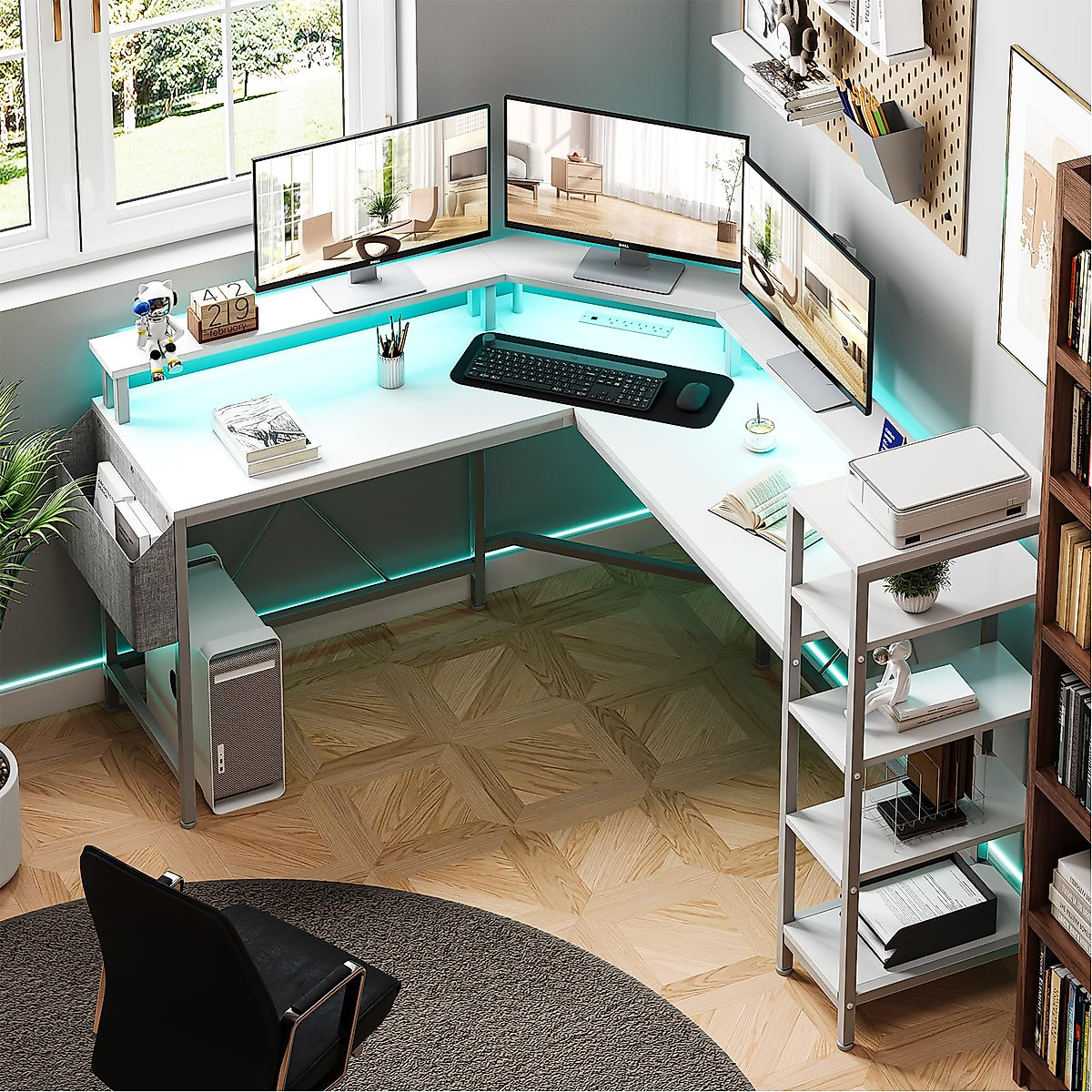 Patikuin L Shaped Desk with Power Outlets & LED Lights, 62" Computer Desk with Full Monitor Stand & Storage Shelves, Corner Desk Gaming Desk, Ergonomic Home Office Desk, White