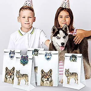 24 Pcs Wolf Party Treat Bags Wolf Goodie Favor Treat Bags Wolf Paper Present Bags with 24 Pcs Wolf Field Stickers for Wolf Themed Gift Bags Wolf Birthday Party Decorations Supplies