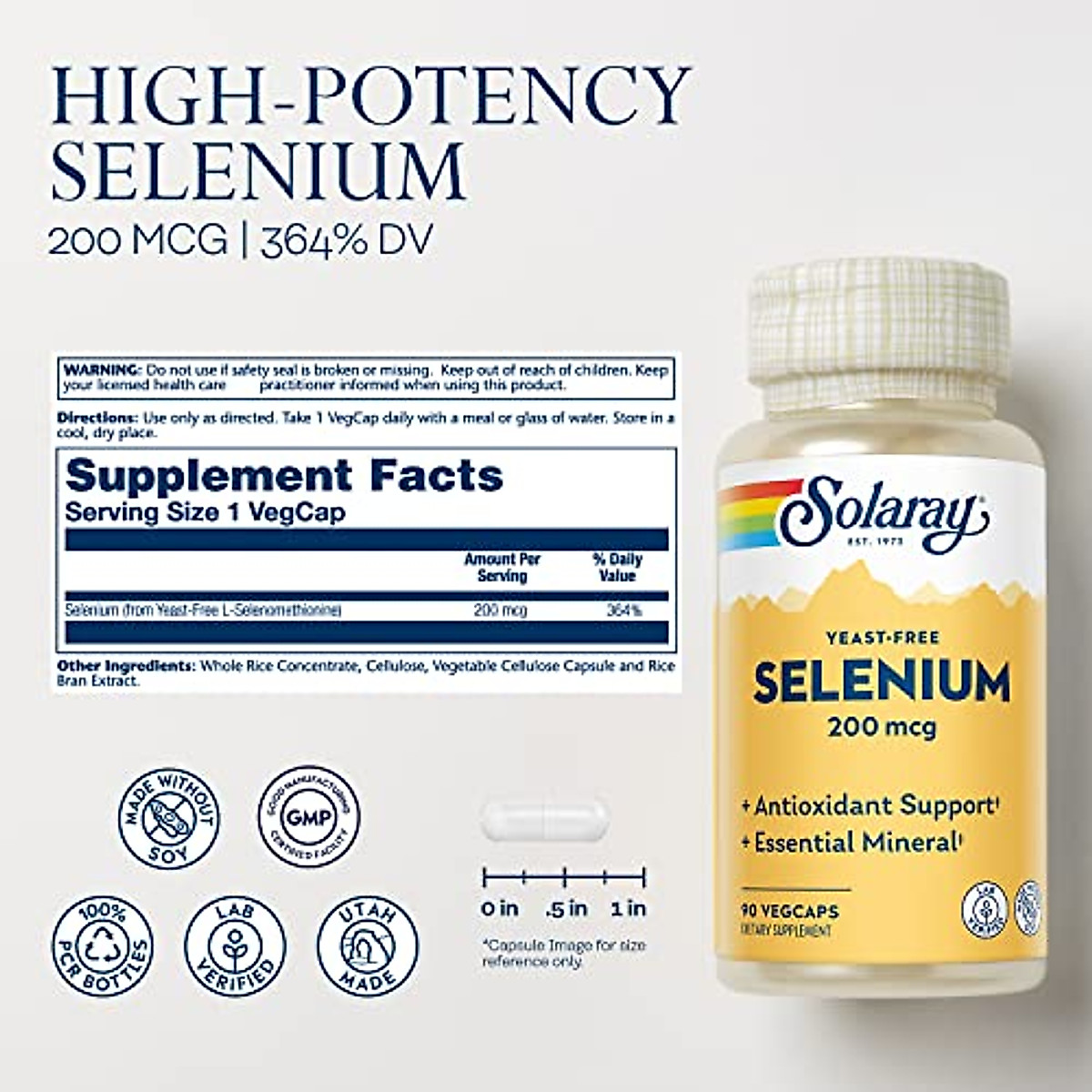 Solaray Yeast Free Selenium 200mcg, Healthy Immune System & Thyroid Function Support, High Absorption, Vegan, 90 VegCaps