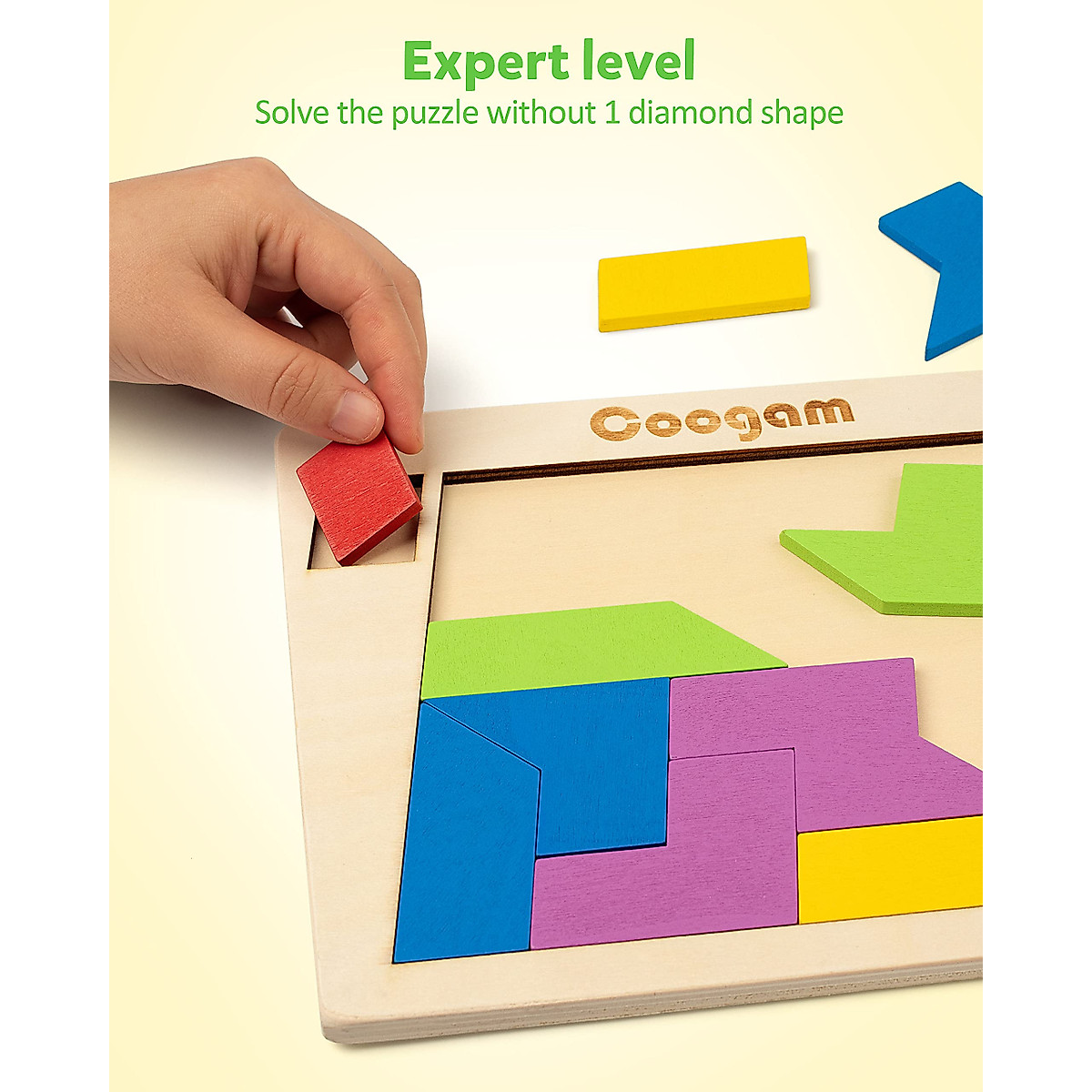 Coogam Wooden Puzzle Blocks Geometric Tangram Brain Teasers Jigsaw 3D Logic IQ Game Colorful Shape Pattern Montessori STEM Educational Toys Gift 60 Challenges for All Age