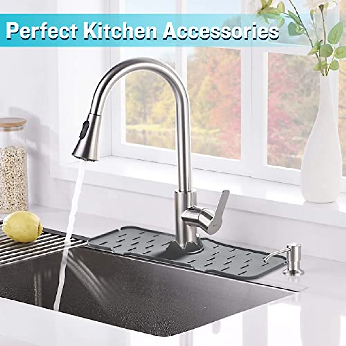Faucet Handle Drip Catcher - Silicone Faucet Handle Drip Catcher Mat for Kitchen Sink,Silicone Faucet Mat Fit Most Faucets,Faucet Drying Mat for Kitchen & Bathroom Countertop Protect（Gray)