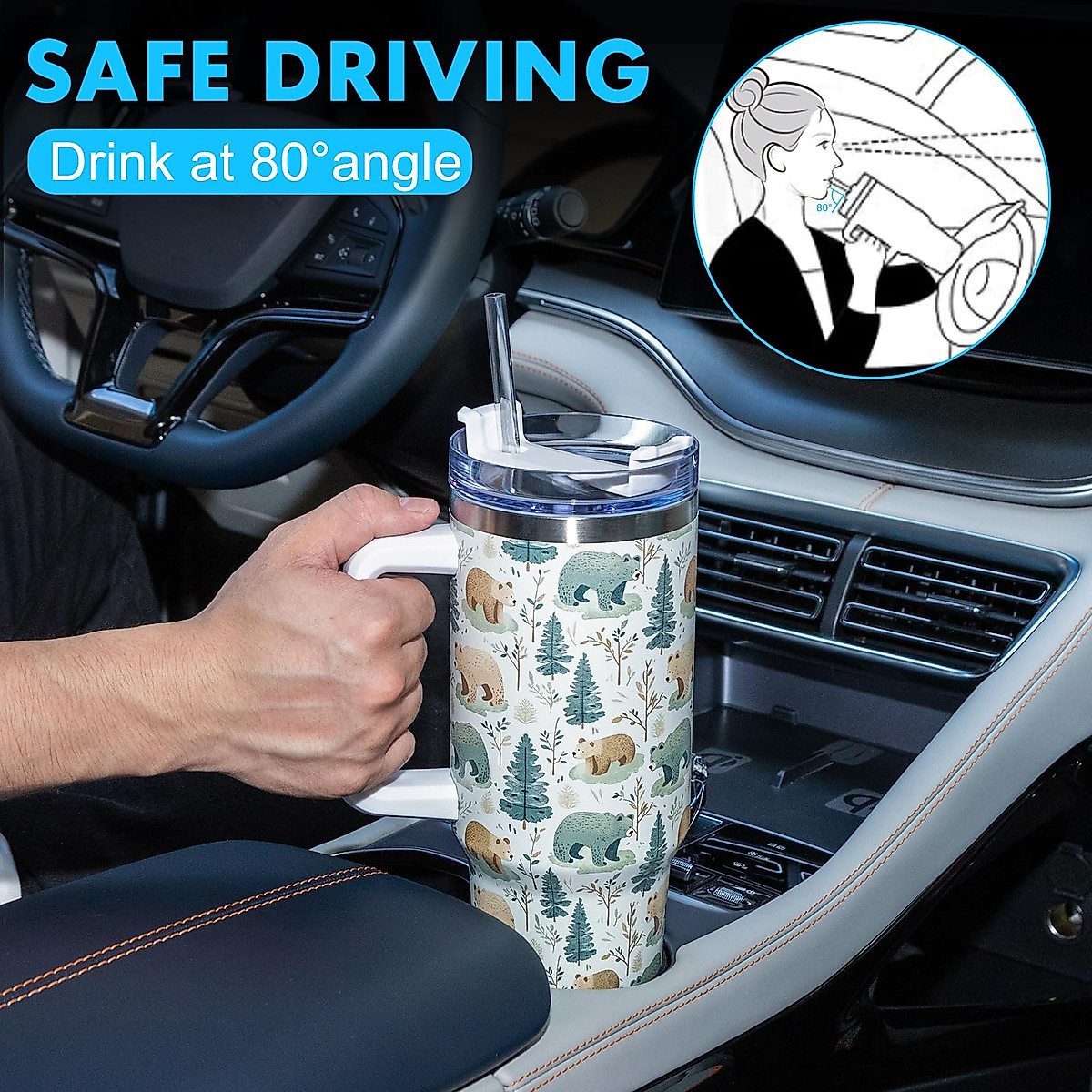 40 oz Tumbler with Handle and Straw, Bear Insulated Travel Mug Iced Coffee Cup, Reusable Stainless Steel Insulated Water Bottle, Keeps Drinks Cold for 34 Hours, Dishwasher Safe, BPA Free