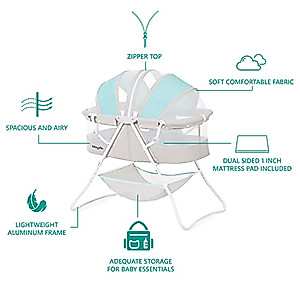 Karley Bassinet in Blue & Grey, Lightweight Portable Baby Bassinet, Quick Fold and Easy to Carry , Adjustable Double Canopy, Indoor and Outdoor Bassinet with Large Storage Basket.