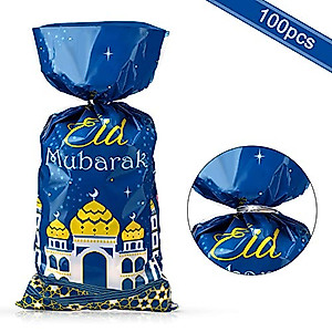 100 Pieces Eid Mubarak Party Treat Bags, Ramadan Theme Printed Pattern Gift Bags Cellophane Clear Plastic Goodie Favor Bags with Silver Twist Ties for Eid Mubarak Party
