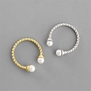N+A Dainty Shell Pearl Sterling Silver Ring for Women Girls Statement Expandable Open Rings Minimalist Imitation Pearls Twisted Finger Fashion Cute Jewelry for Girlfriend (Gold)