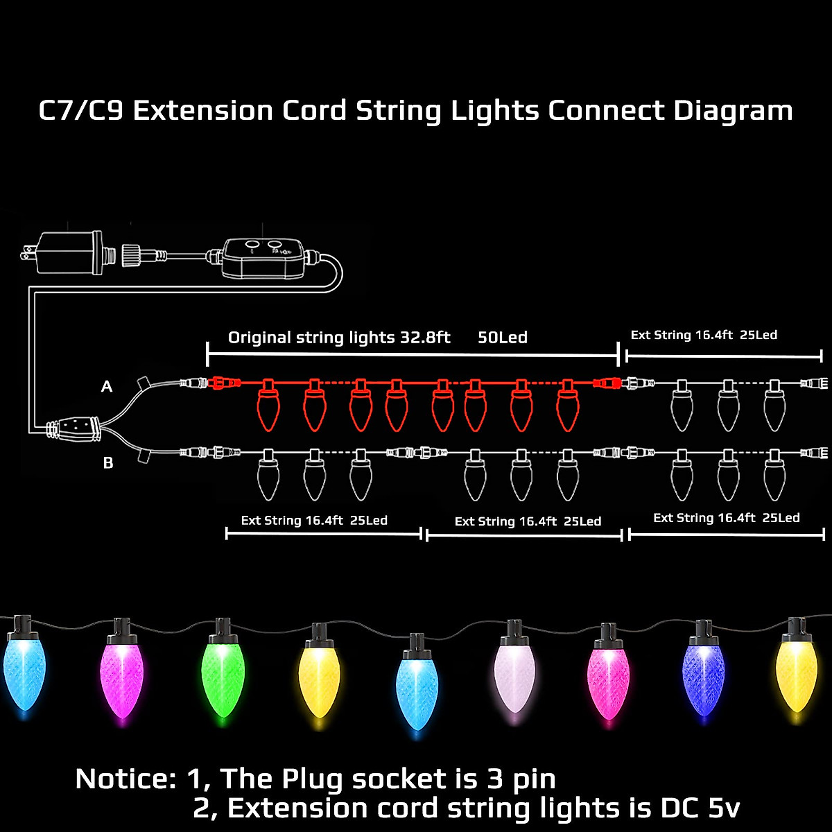 C7 Smart Christmas Lights, 32.8Ft LED Smart Outdoor String Lights, Smart Christmas Tree Lights, 50 Dimmable LED Bulbs with Remote&App, Music Sync&Timer Control, Waterproof for Christmas Decor