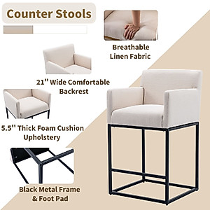 Modern Counter Height Bar Stools Set of 2, Linen Fabric Upholstered Bar Stools with Backs, 26 Inch Kitchen Island Stools with Black Metal Frame, Cream