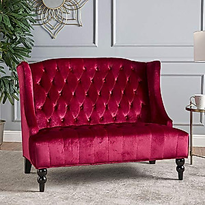 Contemporary Home Living 50.25" Wine Red and Brown Traditional Button Tufted Winged Loveseat