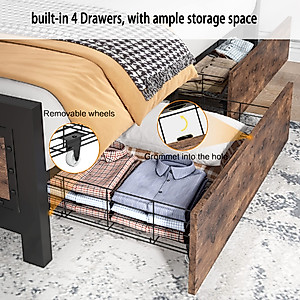 Keyluv Queen Bed Frame with 4 Storage Drawers, Rivet Modern Headboard and Footboard Platform Bed with Solid Wood Slats Support, No Box Spring Needed, Metal, Mattress Foundation Noise-Free