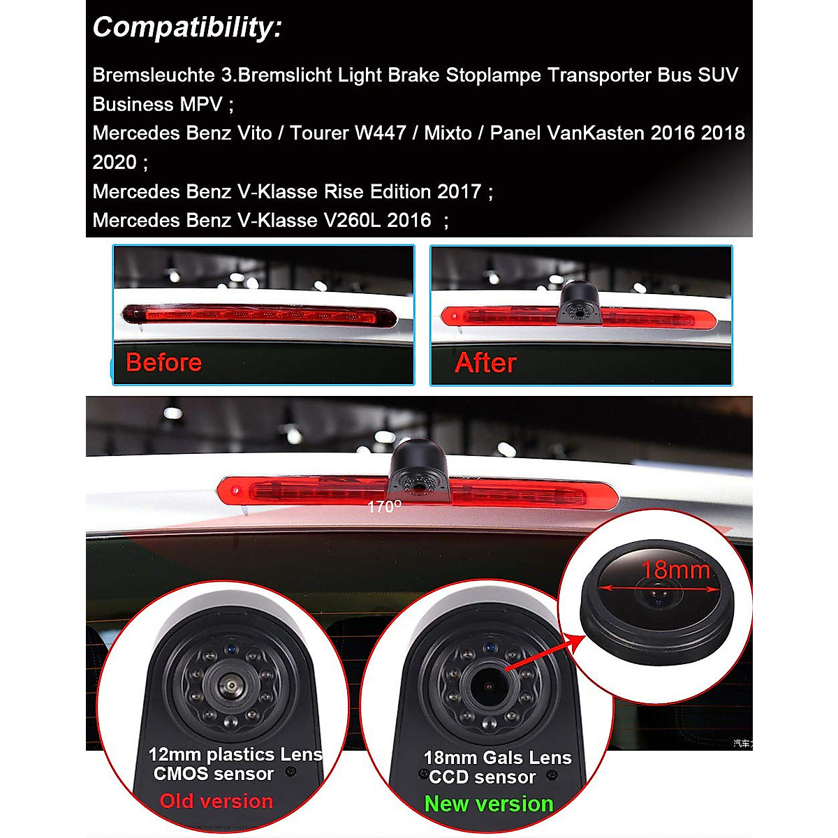 Super HD 1280x720 Pixels 1000 TV Lines 3rd Brake Light Reversing Camera Brake lamp Parking Camera Back up for Mercedes Benz Vito W447 Kasten Tourer V260 Mixto 3 ab 2014+7" car Reverse Monitor