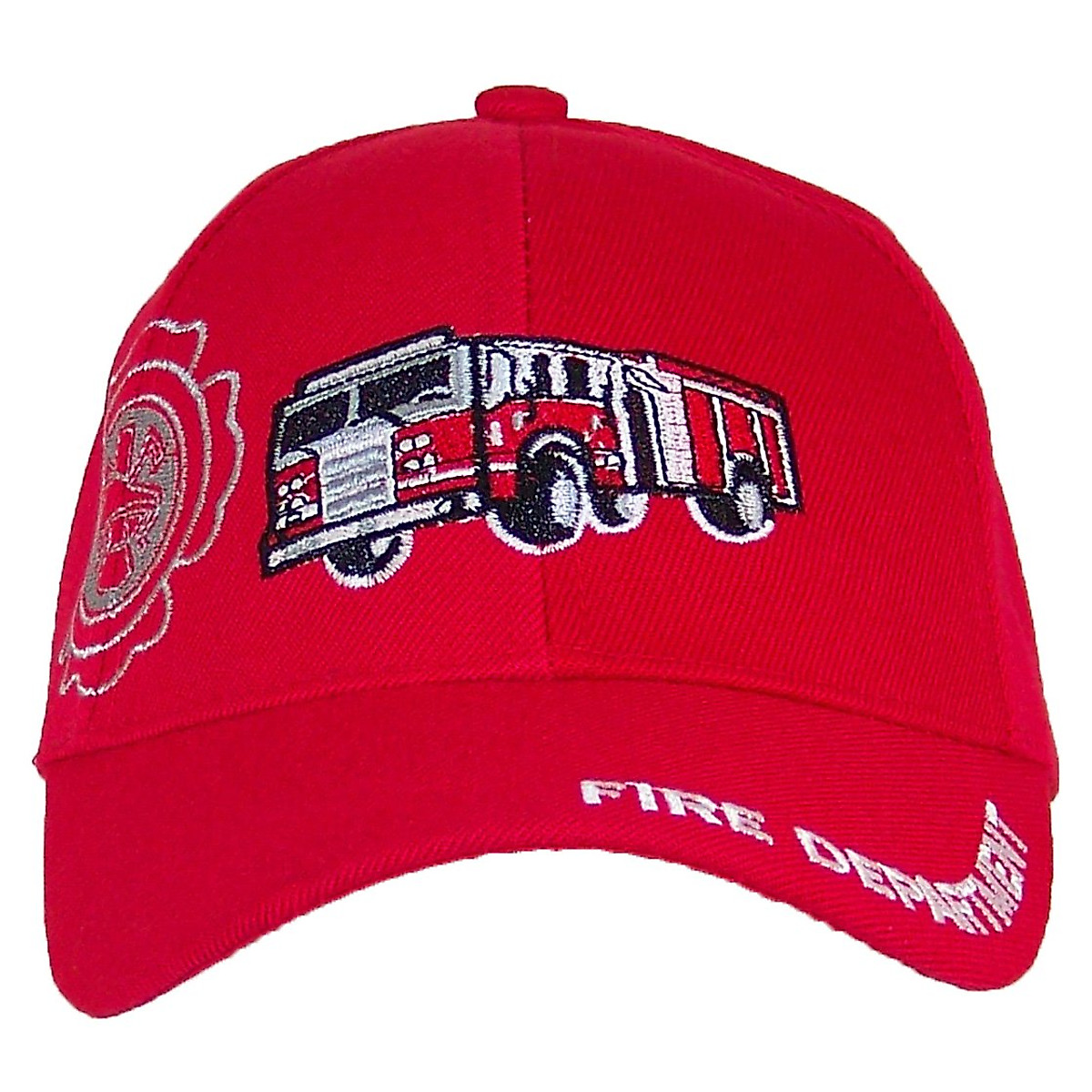 Kid/Child Embroidered Fire Truck Adjustable Hook and Loop Hat (One Size) - Red