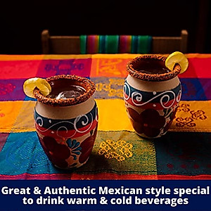 Cantaritos de Barro Jarritos Mexicanos - Set of 2 Authentic Mexican Glazed Clay Mugs 14 Oz For Drink Margaritas & Tequila Special For Taco Tuesda & Mexican Parties (Navy Blue Rim Flowers Desing)