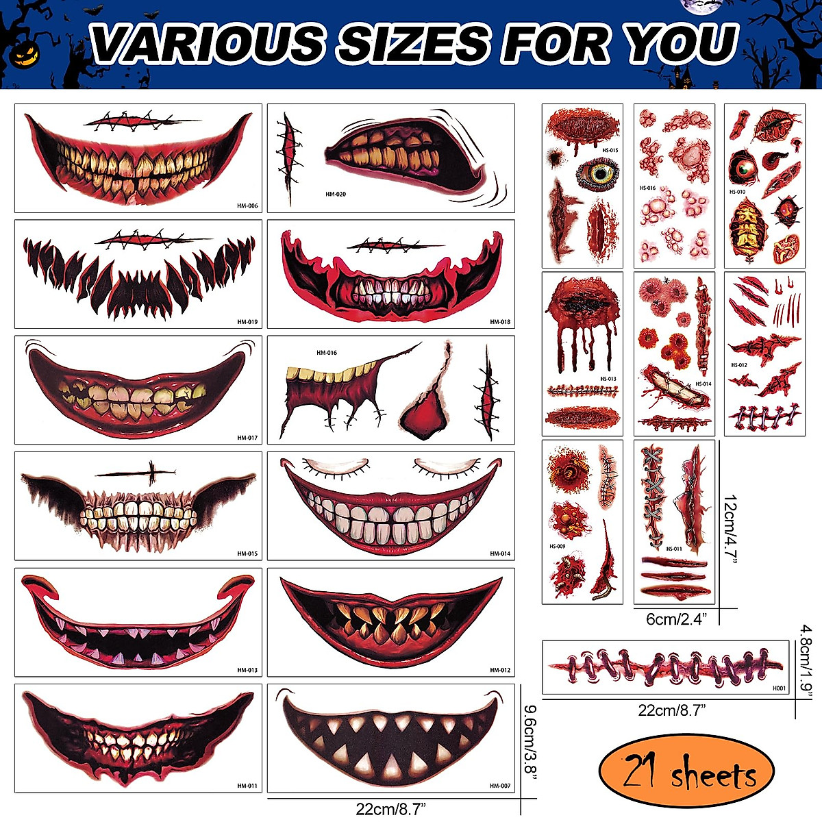 75+ PCS 21 Sheets Halloween Prank Makeup Temporary Tattoos, Horror Clown Face Tattoos, Face Decals Fake Tattoos for Adults and Kids, Zombie Makeup Scar Cosplay Halloween Tattoos for Party Halloween