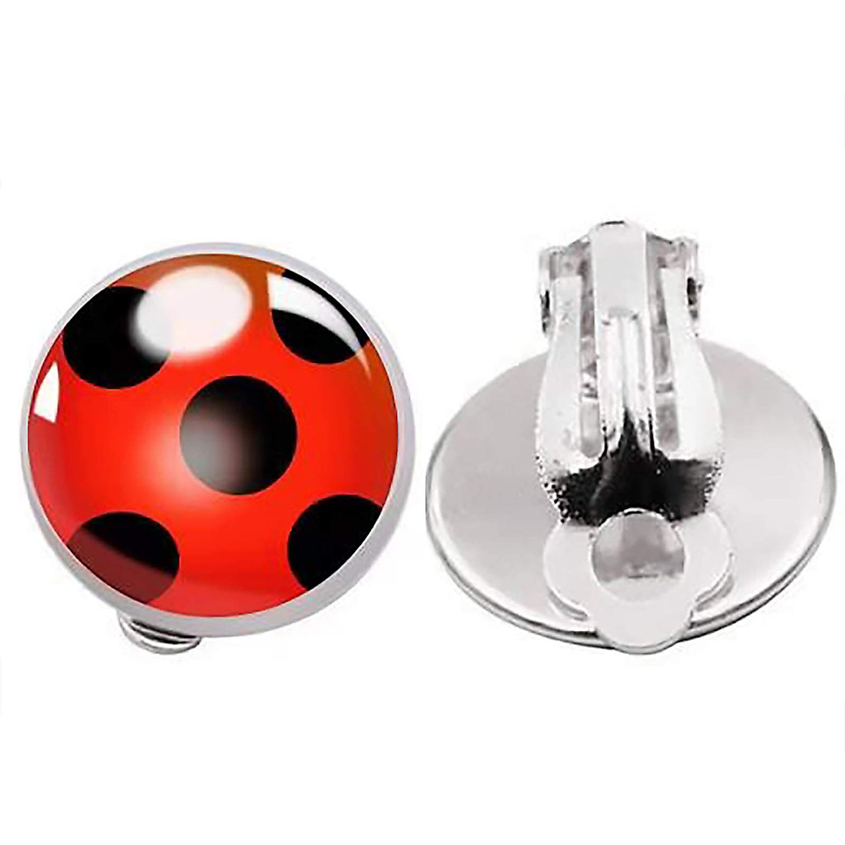OHINGLT Ladybug Clip on Earrings for Woman Silver Ear Cuff Black Spot Red Ladybug Earrings(2 Pairs Red)