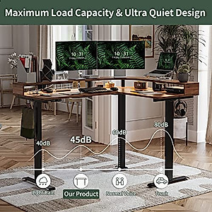 FEZIBO Triple Motor L Shaped Stadning Desk with LED Strip & Power Outrlets，63 inches Height Adjustable Stand up Corner Desk with Ergonomic Monitor Stand, Black Frame/Black Walnut Top