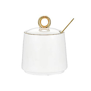 LIONWEI LIONWELI White Sugar Bowl Dispenser Salt Container Ceramic Sugar Bowl with Lid and Spoon for Home and Kitchen