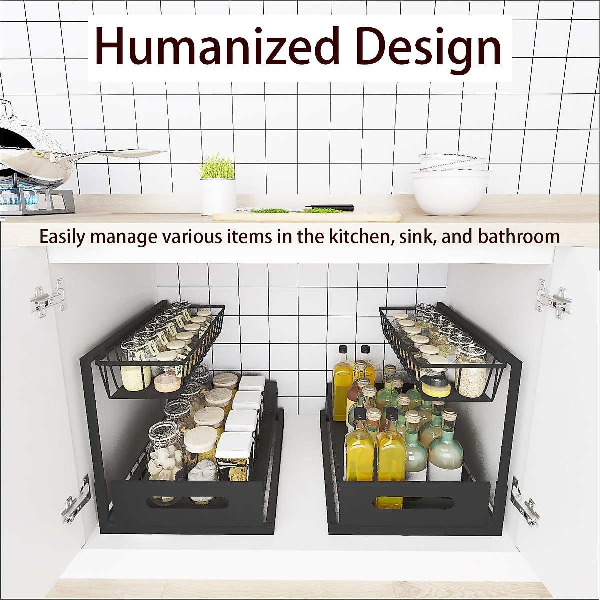 CEWIFO Kitchen Sink Organizer, Kitchen Organization 2 Tier Sliding Cabinet Basket Organizer Drawer Pull Out Cabinet Organizer, Multi-Use Pull Out Cabinet Organizer for Bathroom, Kitchen