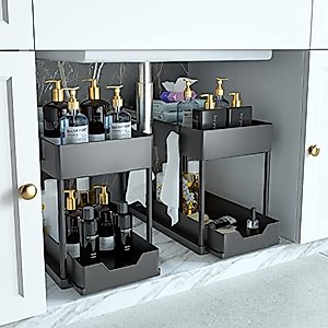 DEKAVA Under Sink Organizer 2 Pack，Bathroom Cabinet Organizer，2 Tier Sliding Cabinet Basket Organizer Drawer, Multi-Purpose Bath Collection Baskets for Bathroom