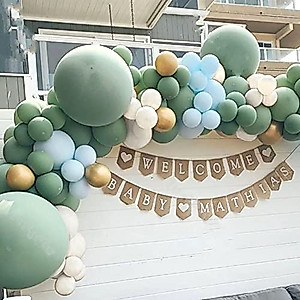 Sage Green and Blue Balloon Garland Kit with Arch Kit, 18 10 5 inch Balloons in Matte Olive Eucalyptus, Dusty Light Blue, White, Gold Confetti, Baby Shower Birthday Wedding Bridal Party Decorations