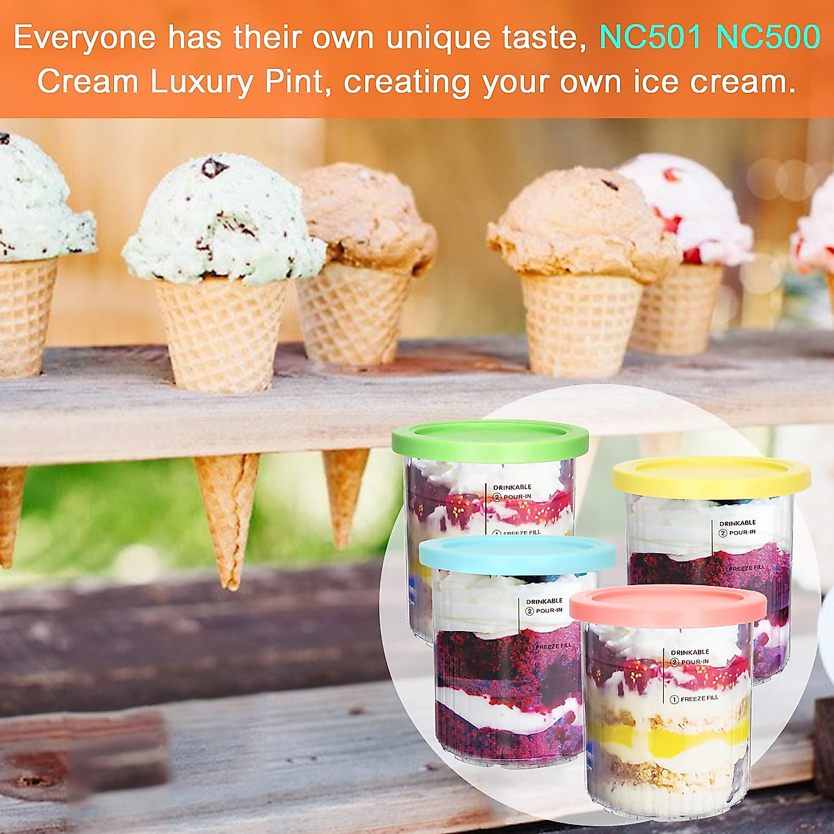 RYSIMWU For Ninja Creami Deluxe Pints and Lids 4 Pack, NC500 NC501 Ice Cream Pint fit for Ninja Delux Ice Cream Maker, 24 oz. food container for Ninja Creami Deluxe (Blue,Pink,Yellow,Green)