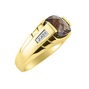 Rylos 12MM Cushion Shape Checker Top Smoky Quartz Color Stone & Diamonds Set in Yellow Gold Plated Silver Size 9