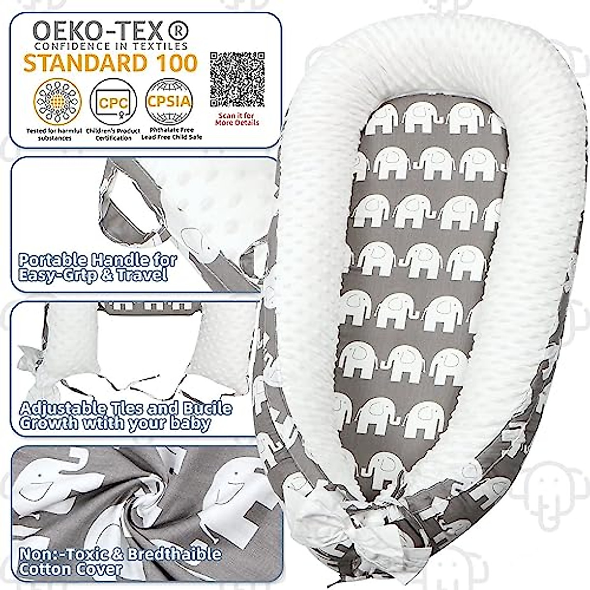 Portable Baby Nest Bed with Pillow Cushion Born Travel Bed for Outdoor Bed Baby Lounge Crib Drop Bassinet Nest Infant (Arrow-BB) (Elephant)