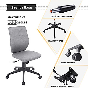 BOWTHY Armless Office Chair - Home Office Chair, Rolling Chair, Desk Chairs with Wheels No Arms, Fabric Task Chair, Swivel Chair for Desk, Sewing Chair(Gray)