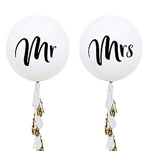 NICROLANDEE 36 Inch Giant Wedding Balloons Mr. & Mrs. White balloons with Two Paper Tassel Garlands for Outdoor Or Indoor Engagement Party Decorations Bachelorette Party Decorations