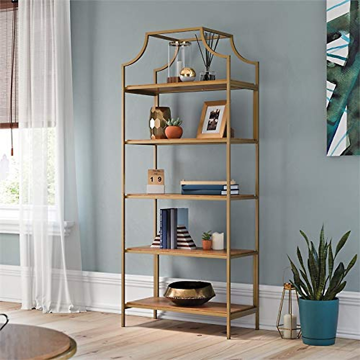 Sauder International Lux Sindoori Mango 5-Shelf Metal Frame Bookcase, Sindoori Mango Finish