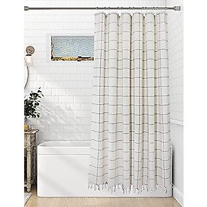 SUMGAR Cotton Shower Curtain Boho Farmhouse Shower Curtains for Bathroom with Tassels & Hooks, White Fabric Grey Checkered Bohemian Fringe Shower Curtain Set, 72" x 72"