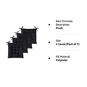 ELFJOY 4 Pack Chair Cushions for Dining Chairs 17x17 inch Seat Cushions for Kitchen Chairs Soft and Comfortable Square Chair Pads with Ties, Black