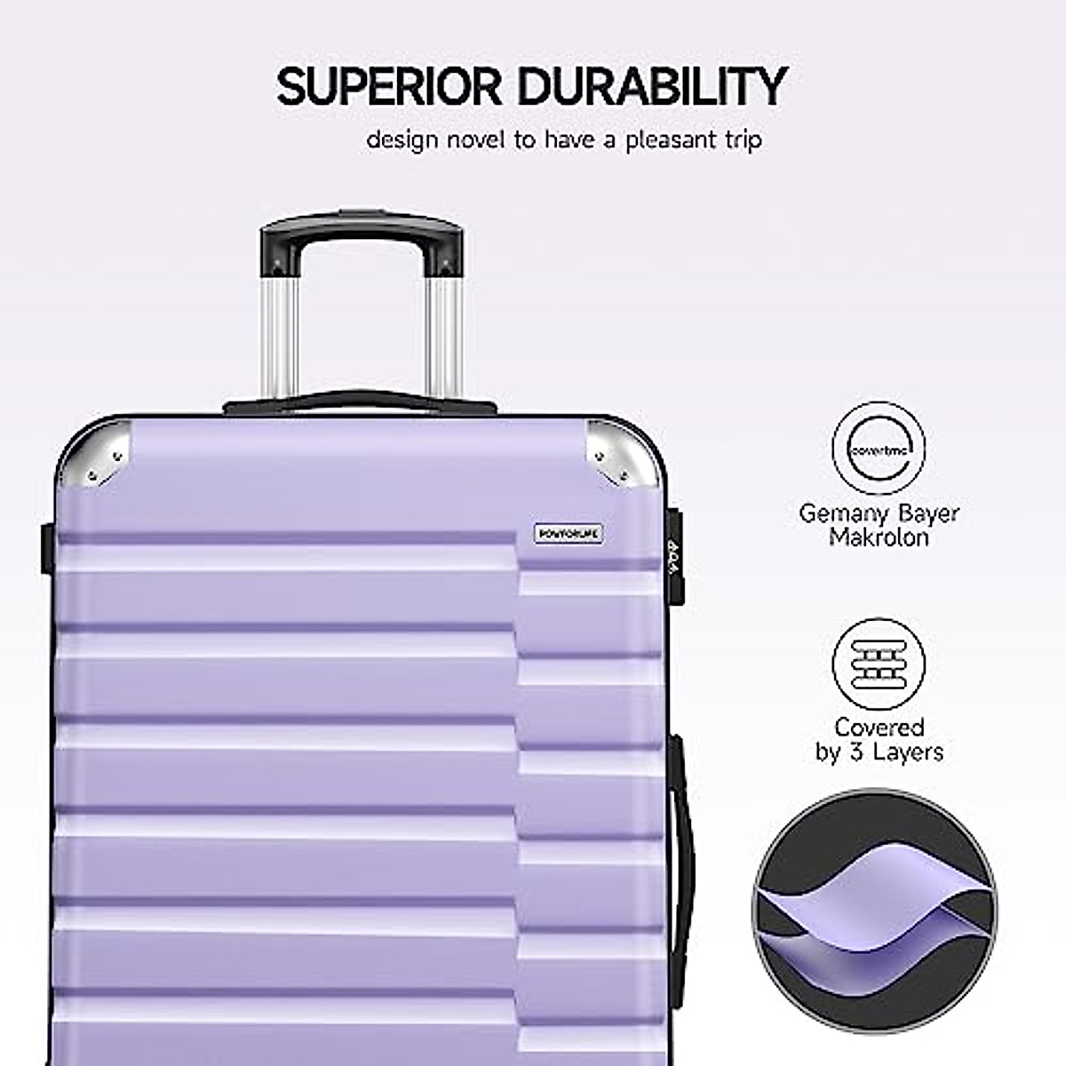 Powforlife Suitcase Sets Hardside With Double Spinner TSA Lock 3 Piece Travel Luggage Set Lightweight, Lavender Purple