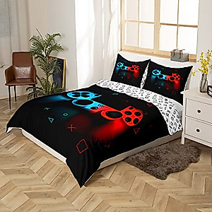 Gamer Duvet Cover for Boys,Gaming Comforter Cover Full,Cool Games Gamepad Bedding Set Kids Teen Game Room Decor Bed Cover,Video Game Controller,Modern Gradient Soft Red and Blue Bedclothes with Zipper