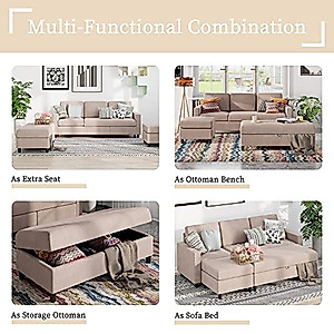 Shintenchi 45" Upholstered Storage Ottoman Bench, Rectangular Fabric Storage Footstool Bench with Hydraulic Rod for Living Room, Bedroom (Khaki)