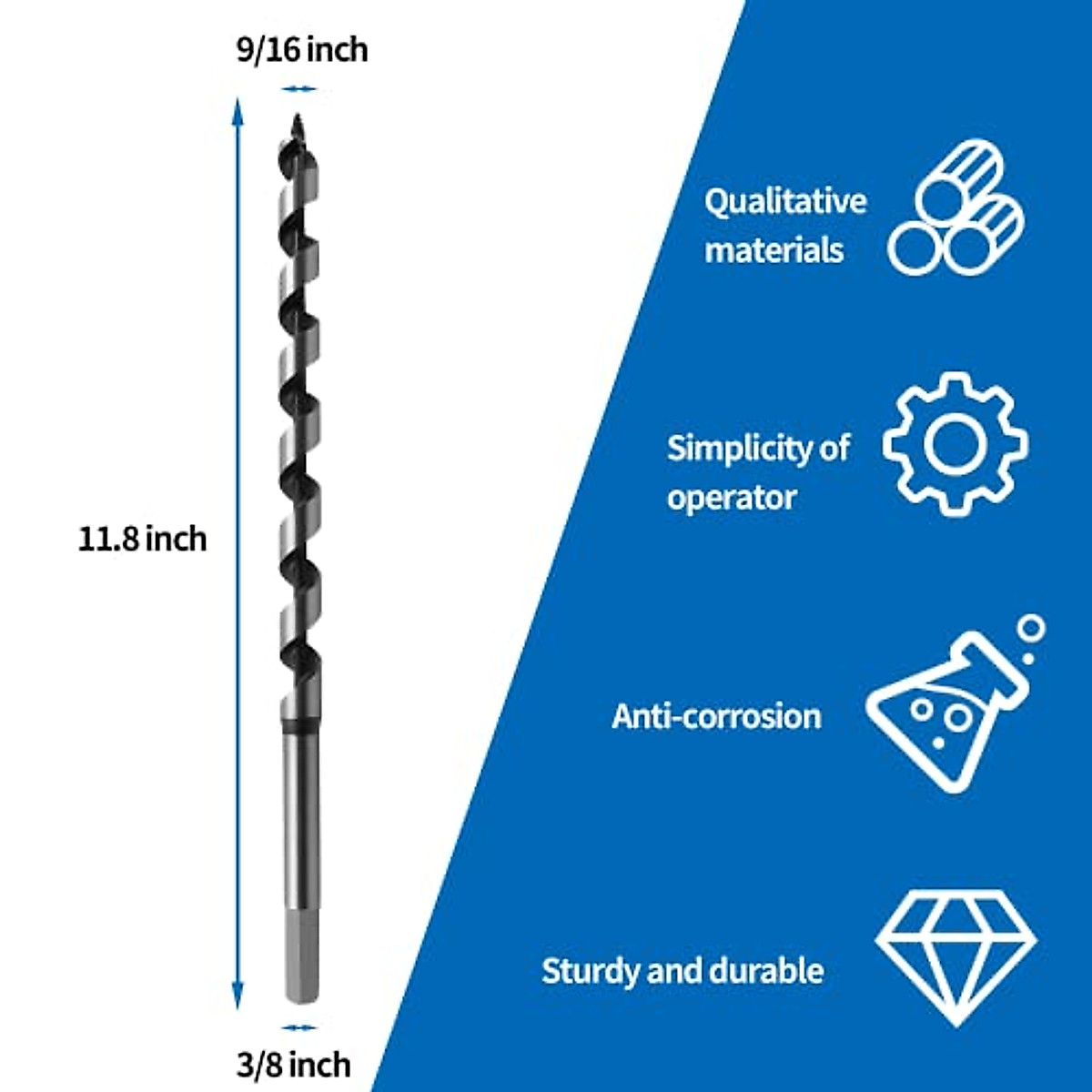 Litoexpe 9/16 Inch x 12 Inch Auger Drill Bit, 3/8-Inch Hex Shank Ship Auger Long Drill Bit for Wood, Plastic, Drywall and Composite Materials