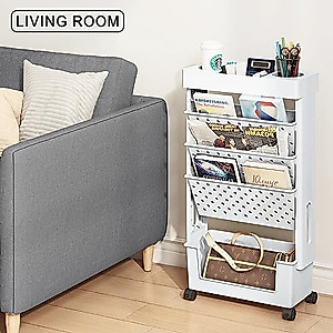 yeavs 5-Tier Mobile Bookshelf, Rolling Bookcase Book Storage Rack, Movable File Folder Organizer Cart with Wheels for Home Study Office Living Room Classroom, White