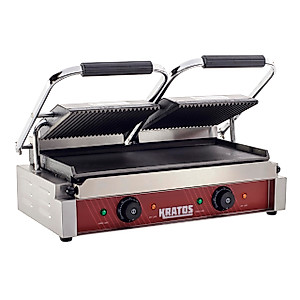 Kratos Commercial Electric Panini Sandwich Grill with Grooved Top and Smooth Bottom Plates, 18.7"x9" Cooking Surface, Commercial Countertop Panini Press, 120V, 3500W (29Y-025)