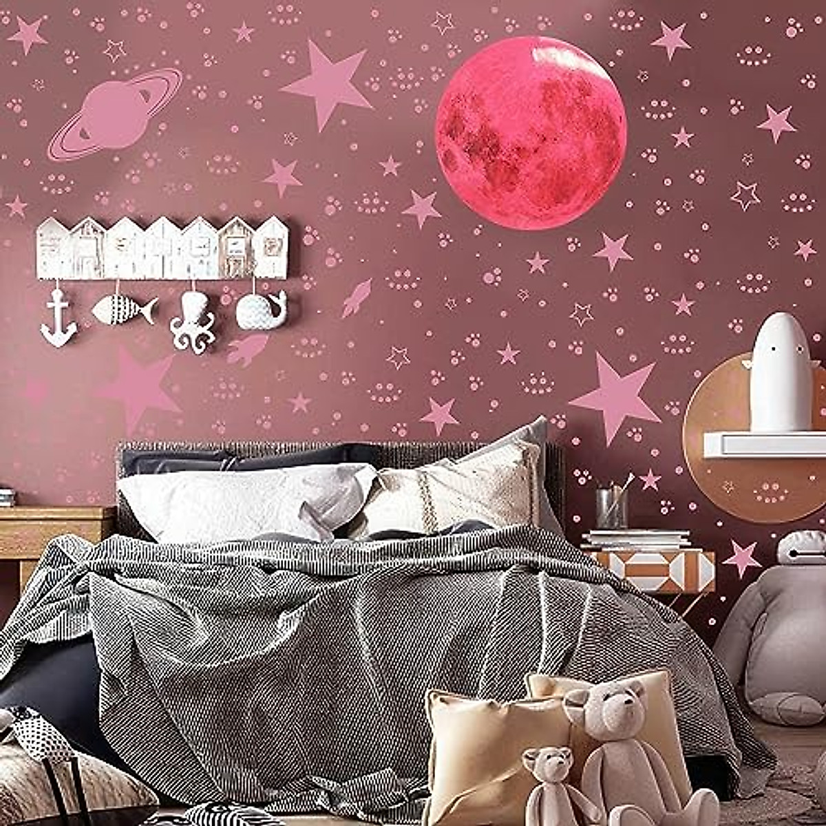 Riakoob Moon and Star Castle Luminous Wall Stickers - Glow in The Dark Pink - Magical Decor for Bedrooms (Pink Moon)