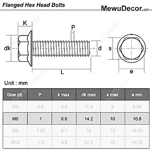 M6 x 16mm Flanged Hex Head Bolts Flange Hexagon Screws, Stainless Steel 18-8 (304), Plain Finish, 50 PCS