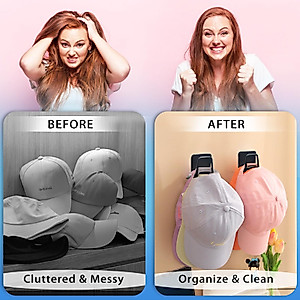 Hat Rack for Wall Hat Organizer (6-Pack), Metal Hat Racks for Baseball Caps, Adhesive Hat Hooks for Wall, No Drilling Hat Hangers for Closet Hat Holder Display, Sticky Hat Storage for Baseball Cap