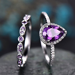 RIQINGY Shining Crystal Ring Kits Fashion Drop Shape Zirconia Rings Set Amethyst Teardrop Ring Engagement Wedding Ring Sets