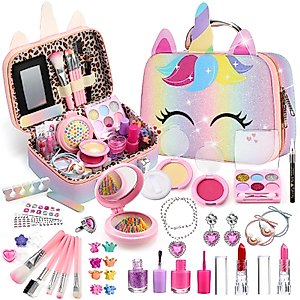 HOLYBELLE Kids Pretend Play Makeup Kit for Girl Toys,Washable Girls Makeup Kit for Kids with Unicorn Bag,Make Up Kit for Toddler Princess Christmas Birthday Gifts for Girls Age 3 4 5 6 7 8 9 10 11 12