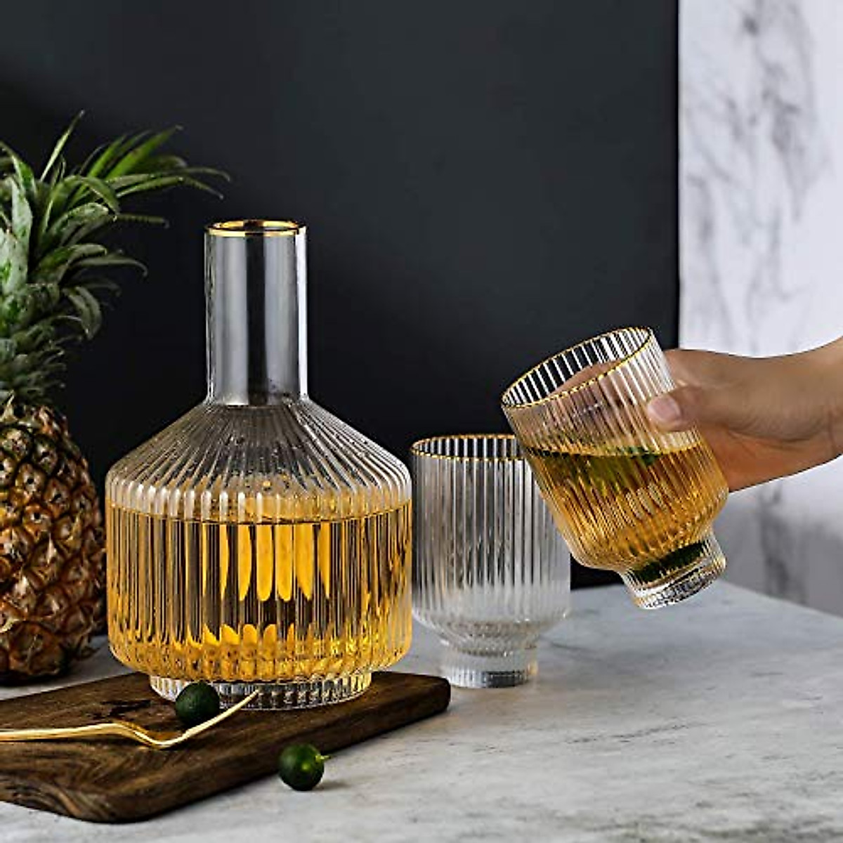 G bedside water carafe glass 1 pitcher 2 cups set for night time water decanter Carafe 59 oz Tumbler 12.5 oz night-stand table bedroom handy jug crystal clear vintage home office desk