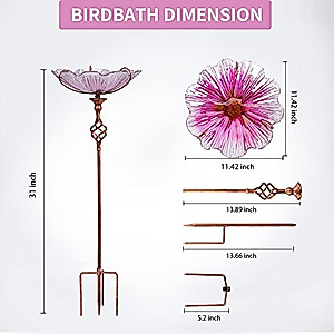 MUMTOP 31 Inch Height Glass Birdbath Birdfeeder with Metal Stake Garden Yard Outdoor Pink