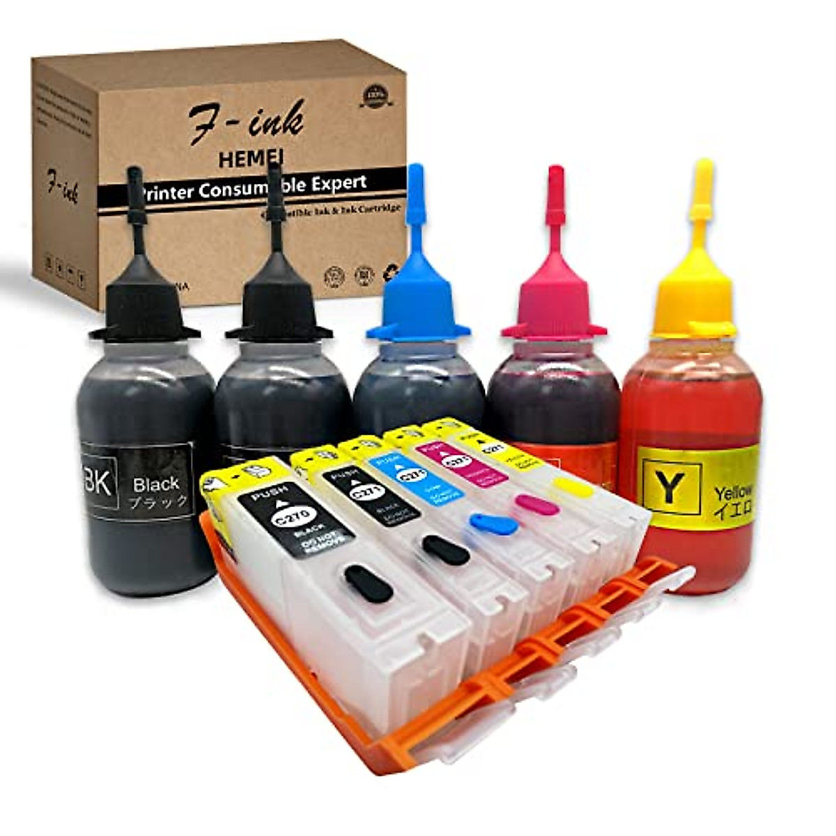 F-INK Refillable Ink Cartridge and 5x50ml Ink Refill Kits Compatible for Canon PGI-270XL CLI-271XL,Work with PIXMA MG5720 MG5721 MG5722 MG6820 MG6821 MG6822 MG7720 TS9020 TS8020 TS6020 TS5020