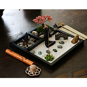 Desktop Meditation Yoga Zen Garden Kit Japanese Tabletop Rock Sand Chakra Shrine Altar Japanese Zen Decor Home Office Desk Zen Gifts for Women Man Birthday w/Rake Tool Accessories Bonsai